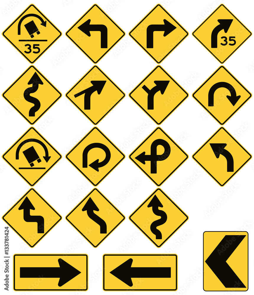 Road signs in the United States. W1 Series: Curves and Turns. Vector ...