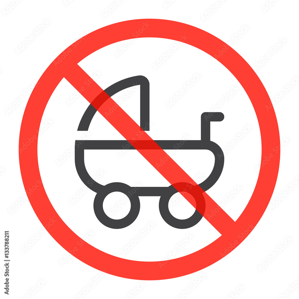Stroller, pram line icon in prohibition red circle, No baby carriage ...