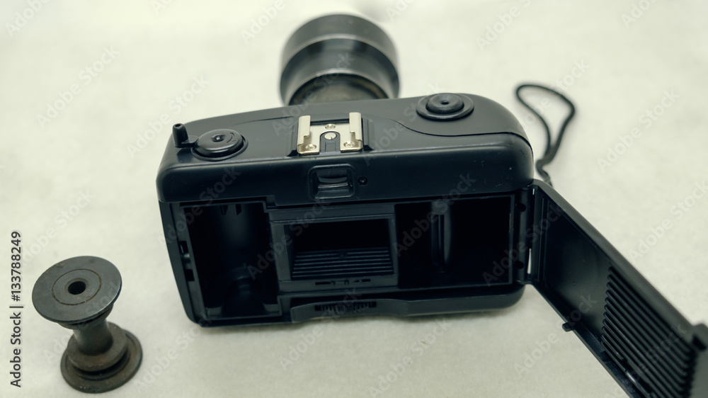 old film camera with opened back sideold camera back view Stock Photo ...