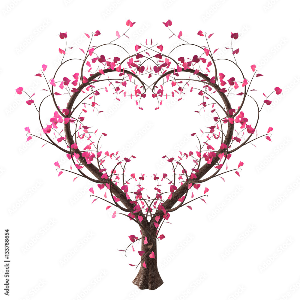 Fantasy tree in the shape of heart with red and pink leaves, isolated ...