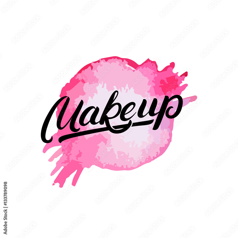 Makeup hand written lettering logo, label, emblem with watercolor ...