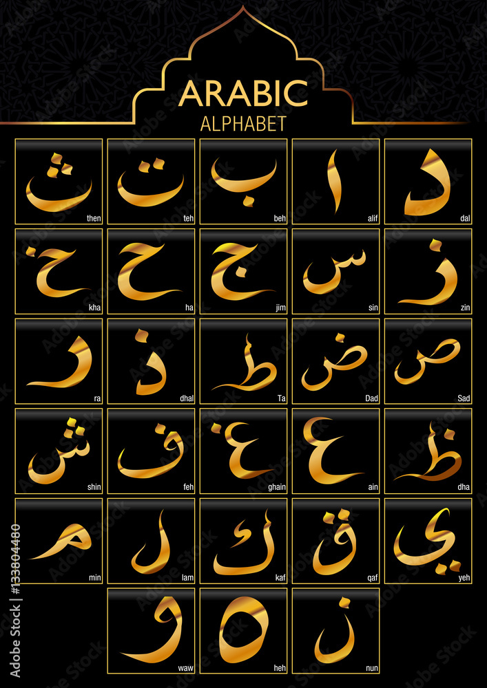 Set of Gold Arabic Alphabet on black background - Vector image Stock ...