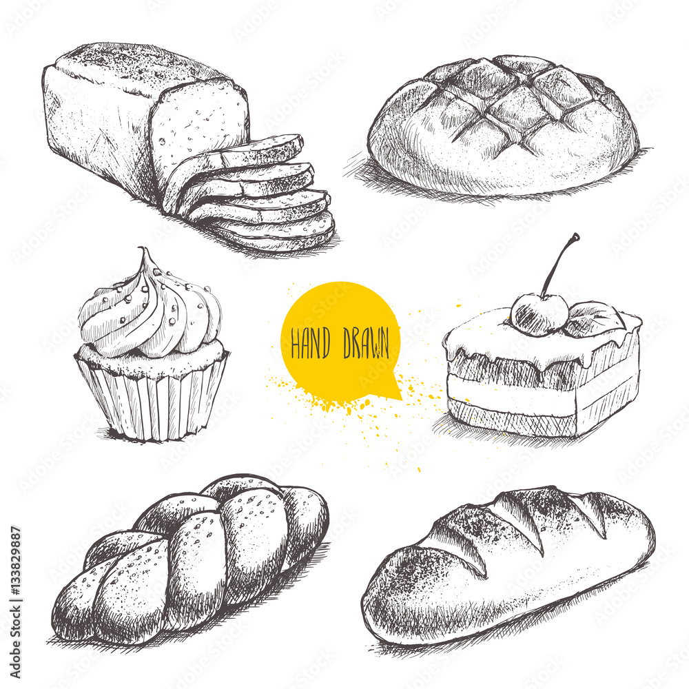 Vintage hand drawn sketch style fresh bakery set. Bread, cake with ...