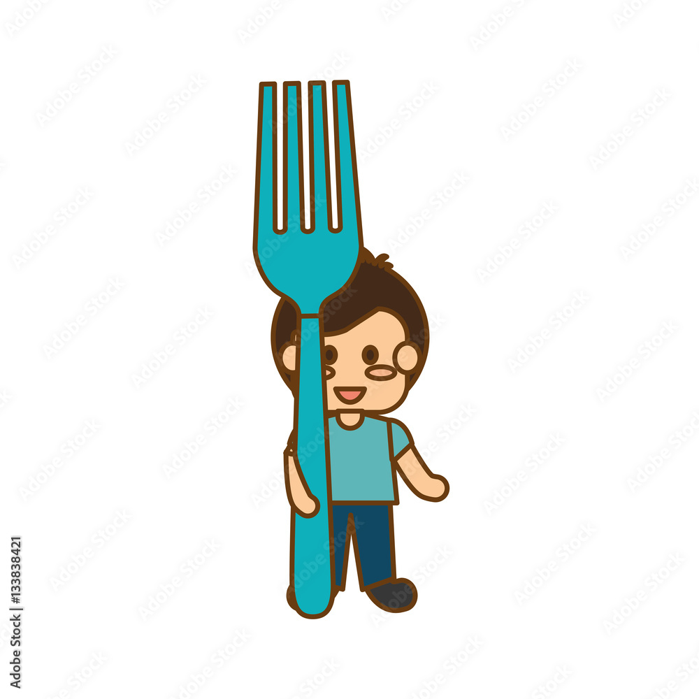 cartoon boy with fork over white background. colorful design. vector ...