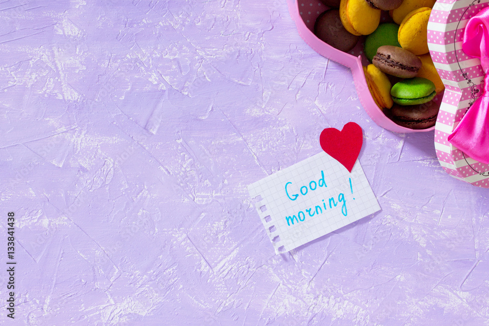 Leaf Notebook inscription good morning on purple table top. The Photos ...