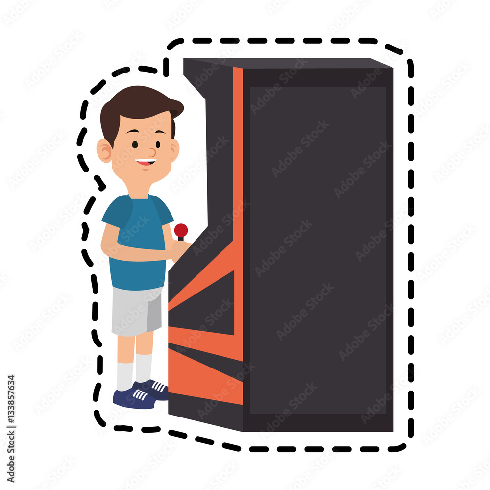 boy cartoon playing on game machine over white background. colorful ...