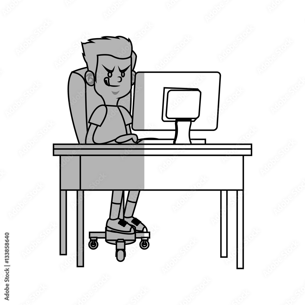 cartoon boy playing on the computer over white background. vector ...