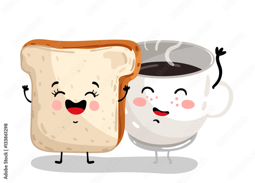 Cute toast bread and coffee cup cartoon character isolated on white ...