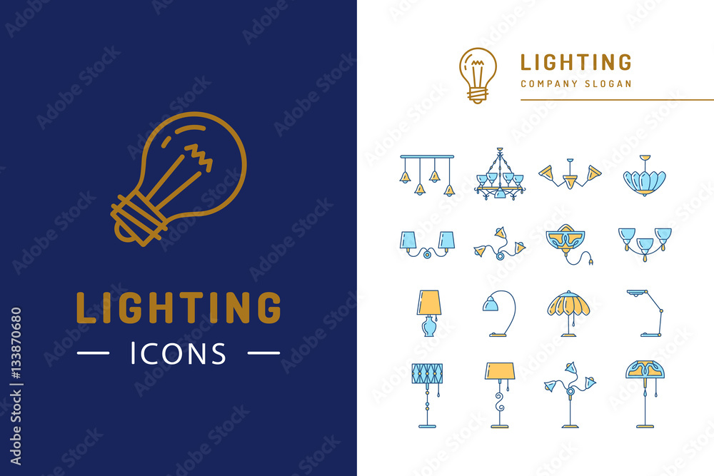 Lamp icon set, lighting store flat design. Thin line symbols ...