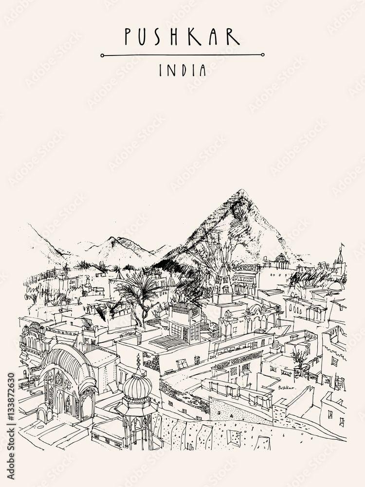 Pushkar, Rajasthan, India. City and mountain view. Vintage hand drawn ...