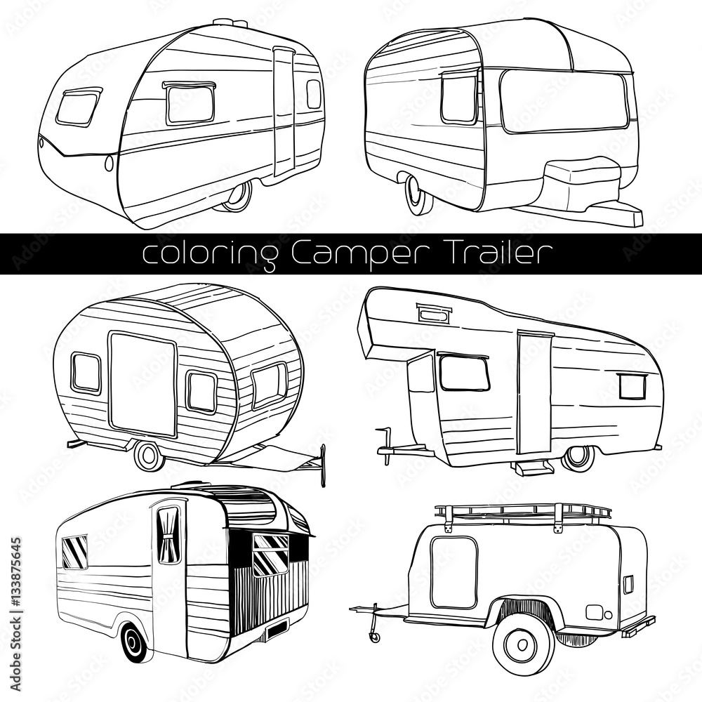 Set isolated Hand Drawn, doodle Camper trailer, car Recreation ...