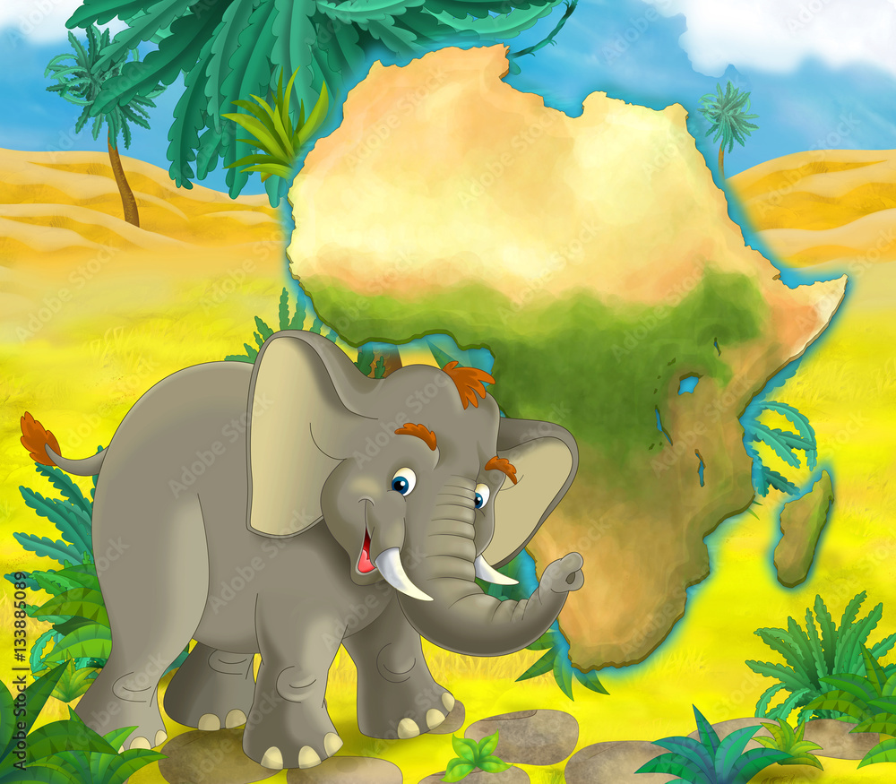 Cartoon elephant with continent map - illustration for the children ...