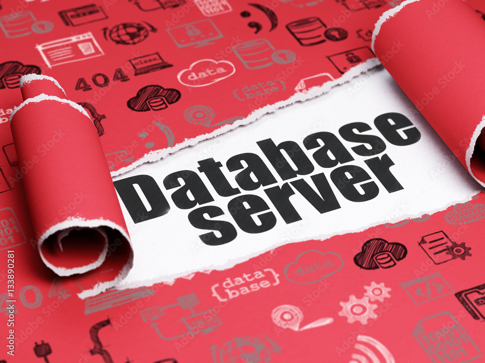 Database concept: black text Database Server under the piece of torn ...