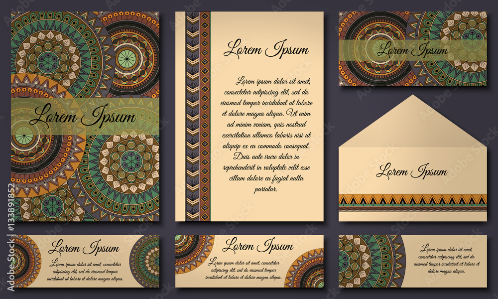 Set of invitation templates with colorful tribal mandalas. Ethnic ...