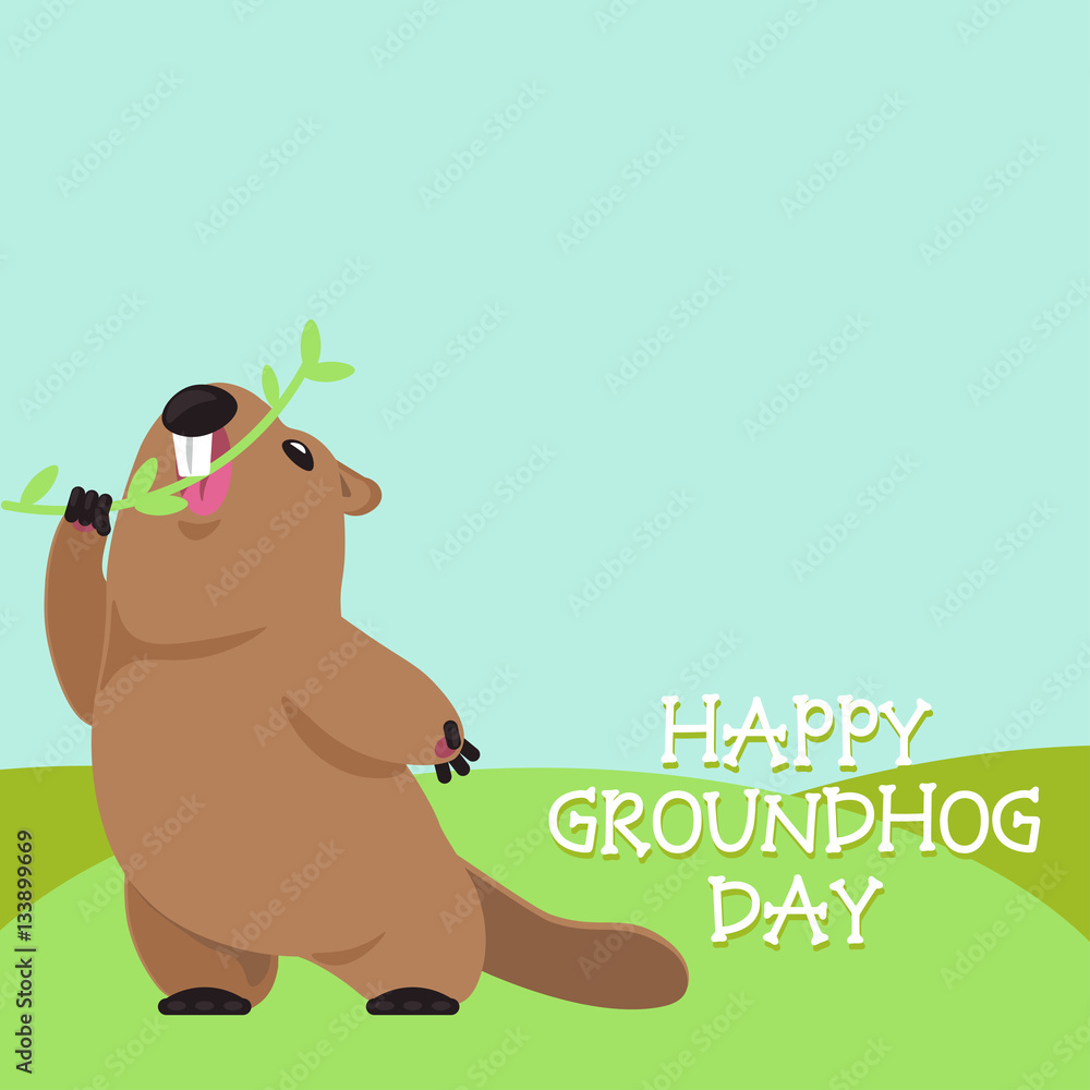 Postcard Vector Groundhog Day. Funny groundhog bites a branch with ...