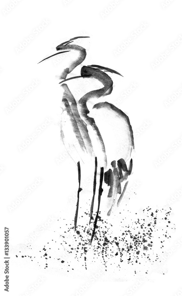 Beautiful gallant stork Heron crane love. Black ink. Japanese painting ...