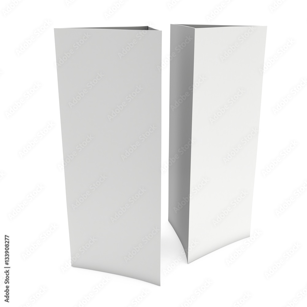 Blank paper triangle tent cards. 3d render illustration isolated. Table ...