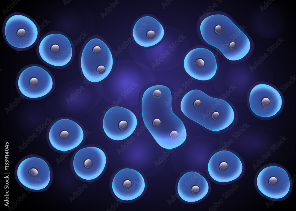 Cells blue background with Luminescence membrane effect and nucleus ...