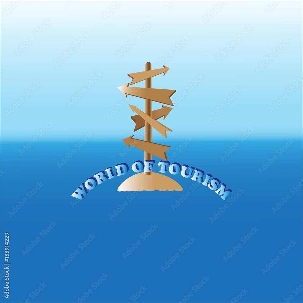 Wooden sign on the island.The world of tourism. Vector image. Symbol ...