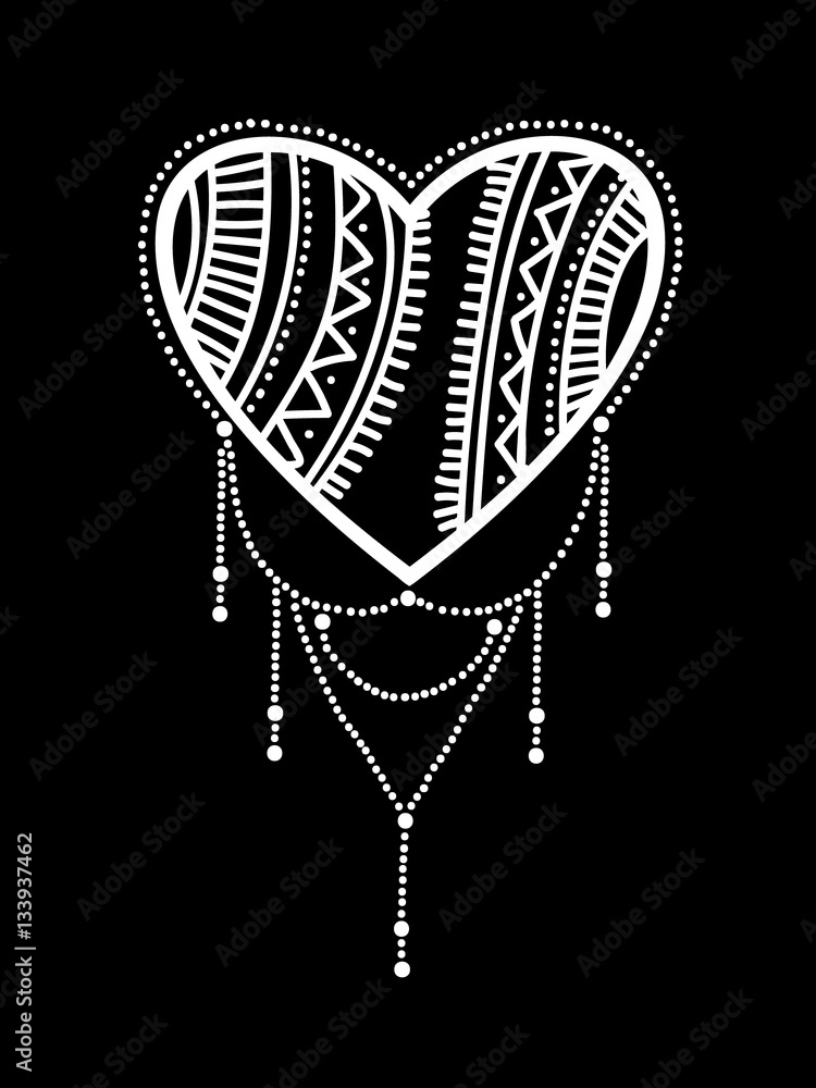 boho heart on black background. Valentine card. Hand draw vector ...