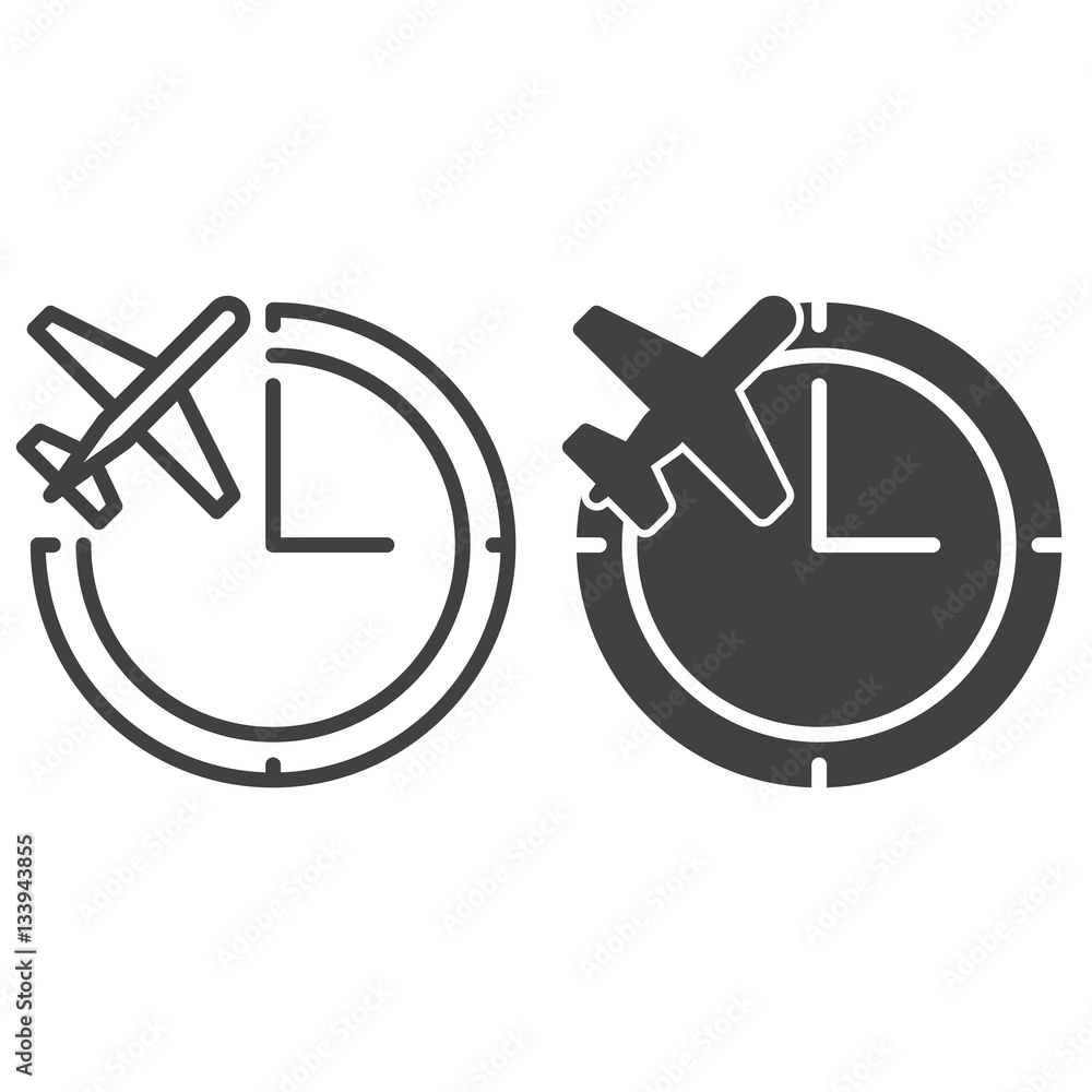 Clock and plane line icon, outline and filled vector sign, linear and ...
