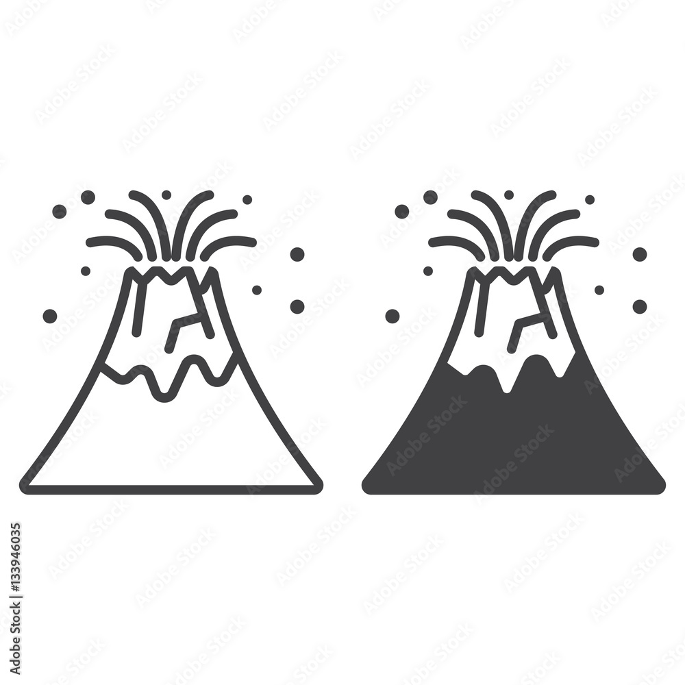 Volcano eruption line icon, outline and filled vector sign, linear and ...