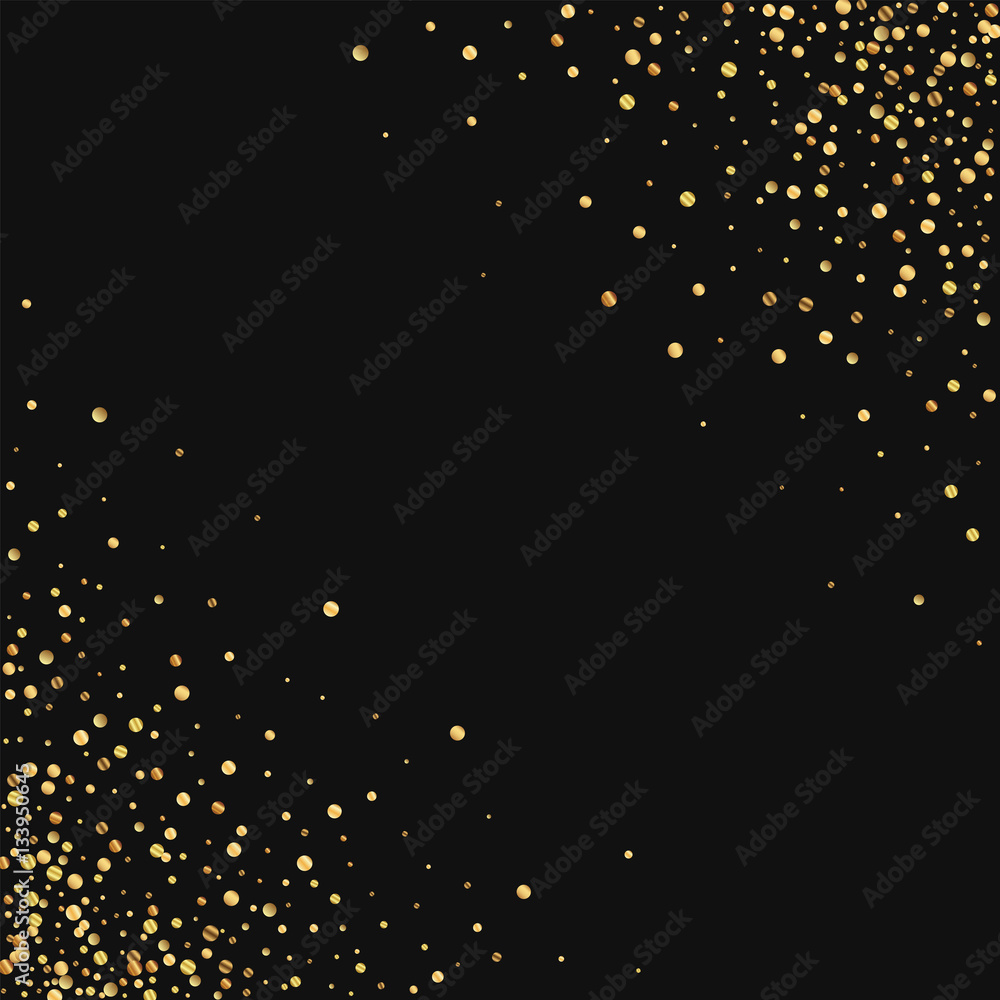 Gold confetti. Scatter cornered border on black background. Vector ...