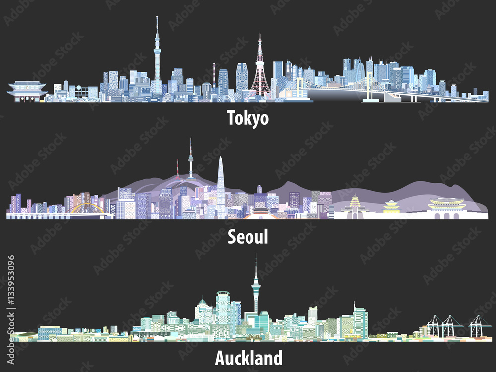 Vetor de Tokyo, Seoul, Sydney and Auckland skylines at night in ...