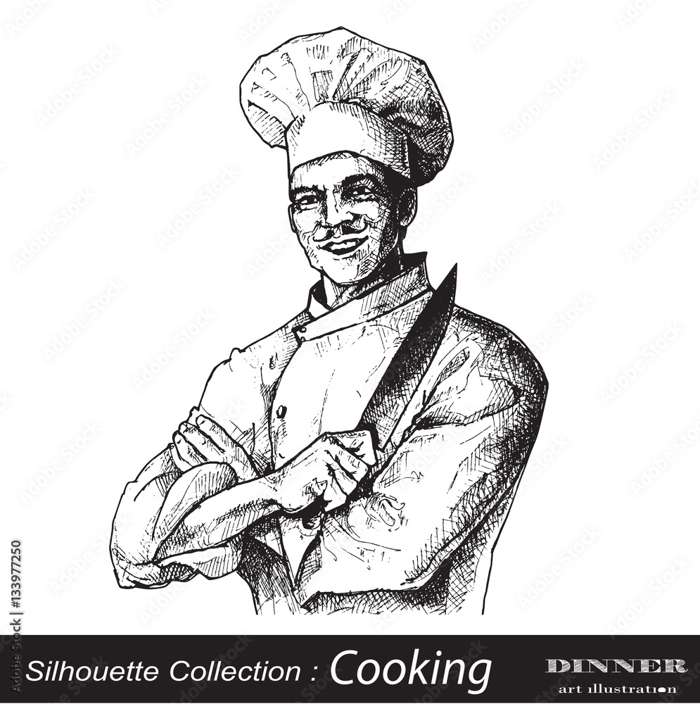 Chef posing with crossed arms and knife in his hand. Cook .Hand drawn ...