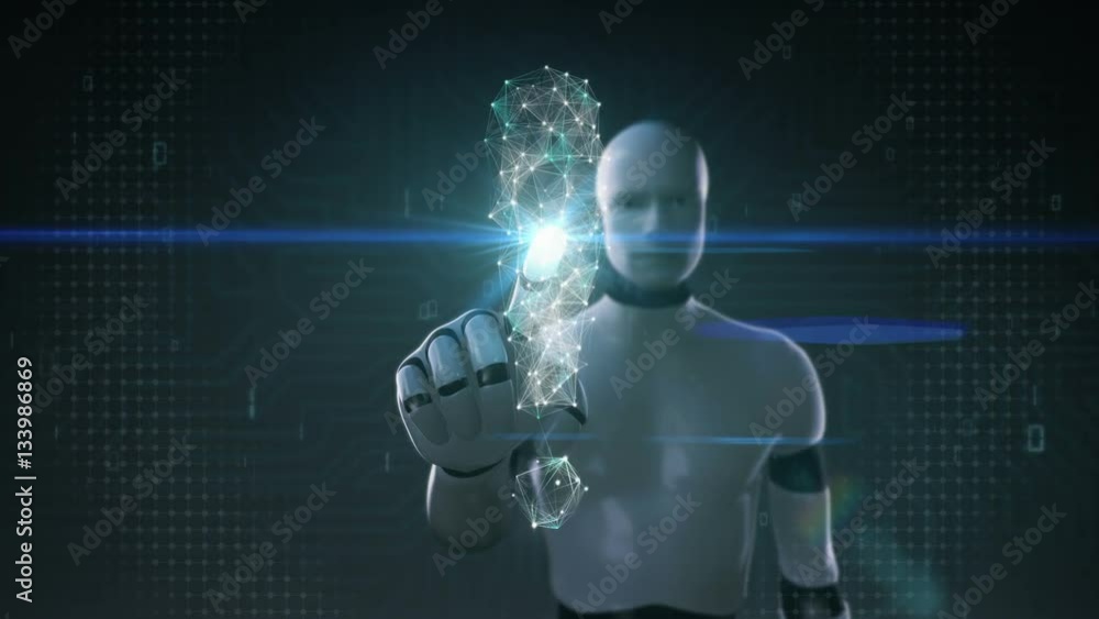 Robot, cyborg touching screen, Digital lines create exclamation mark ...