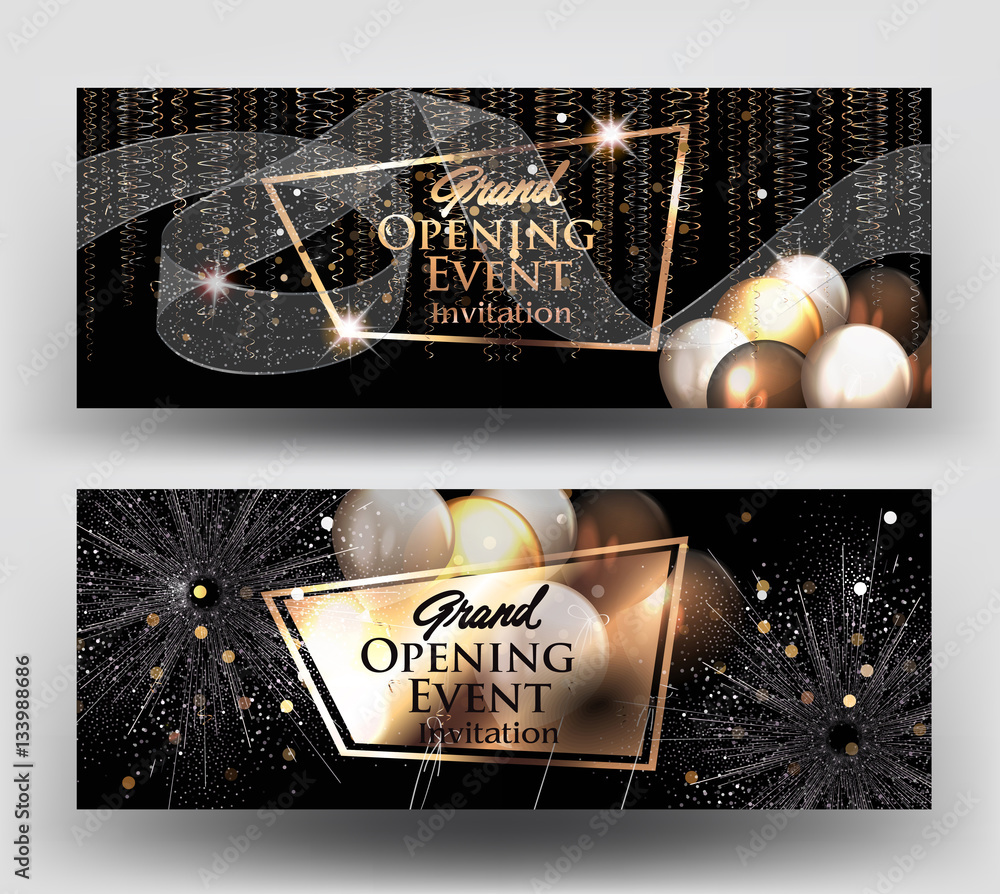 Grand opening invitation cards with air balloons and gold serpentine ...