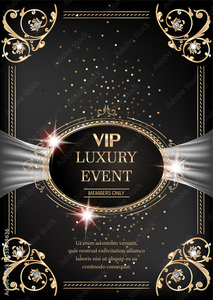 Luxury event invitation gold card with vintage frame and floral design ...