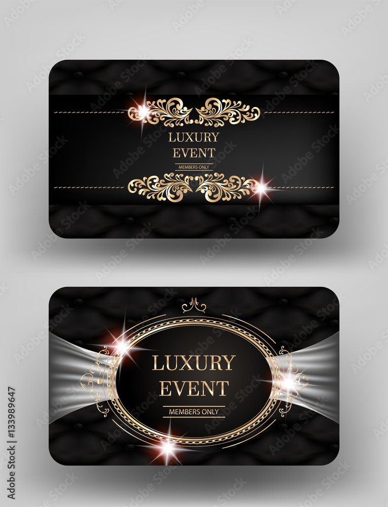 Luxury event invitation gold cards with leather background and vintage ...
