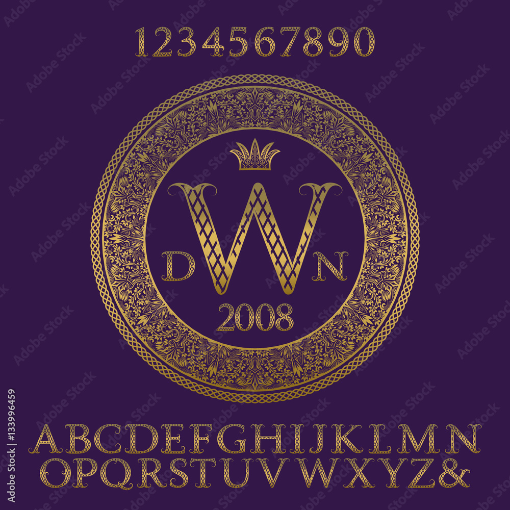 Patterned gold letters and numbers with initial monogram. Elegant ...