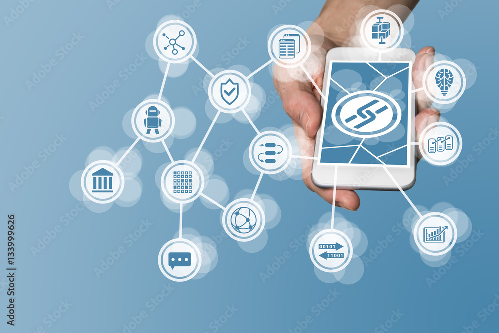 Blockchain icon displayed on touchscreen of modern smart phone as ...