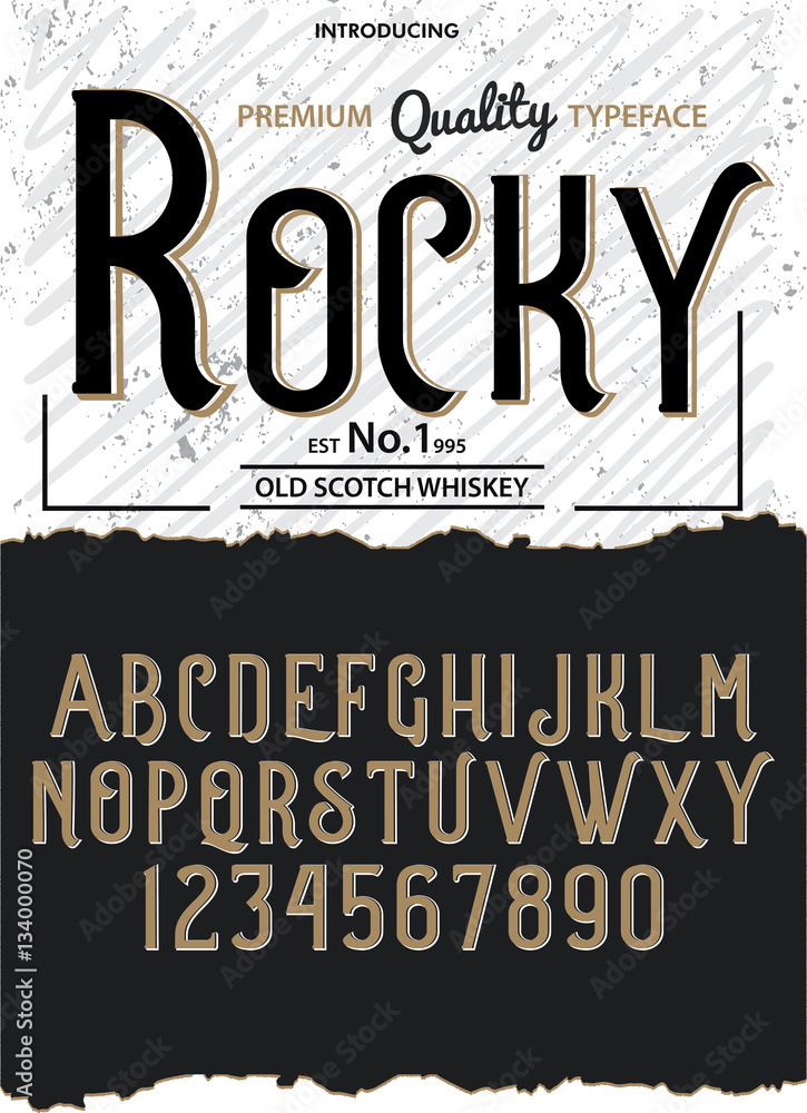 Typeface. Label. Rocky typeface, labels and different type designs ...