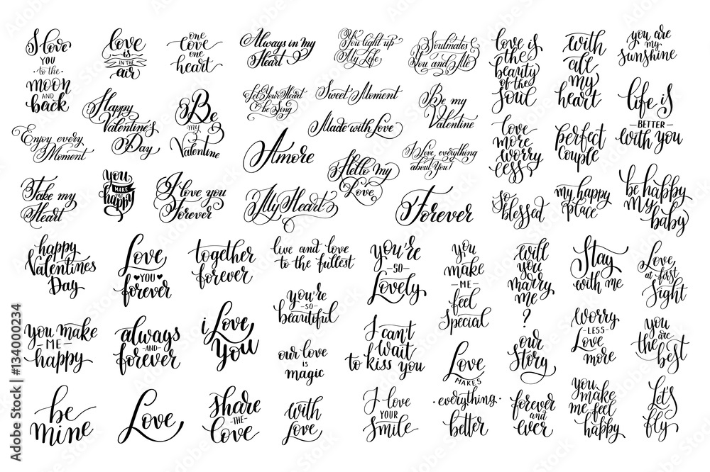 set of 57 black and white hand written lettering about love Stock ...