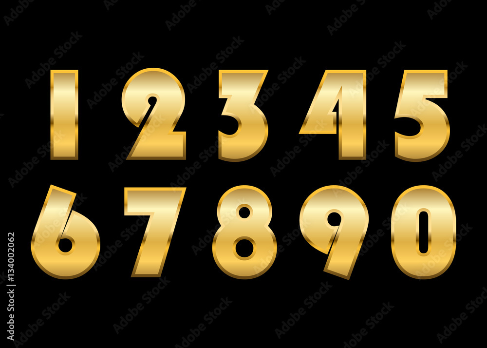 Gold 3d metallic numbers set. Golden metal texture font, isolated on ...