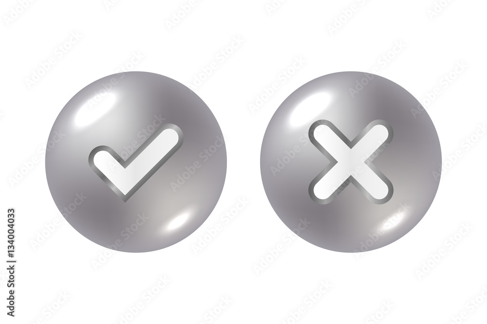 Tick and cross silver metallic sign element. Gray steel checkmark OK, X ...