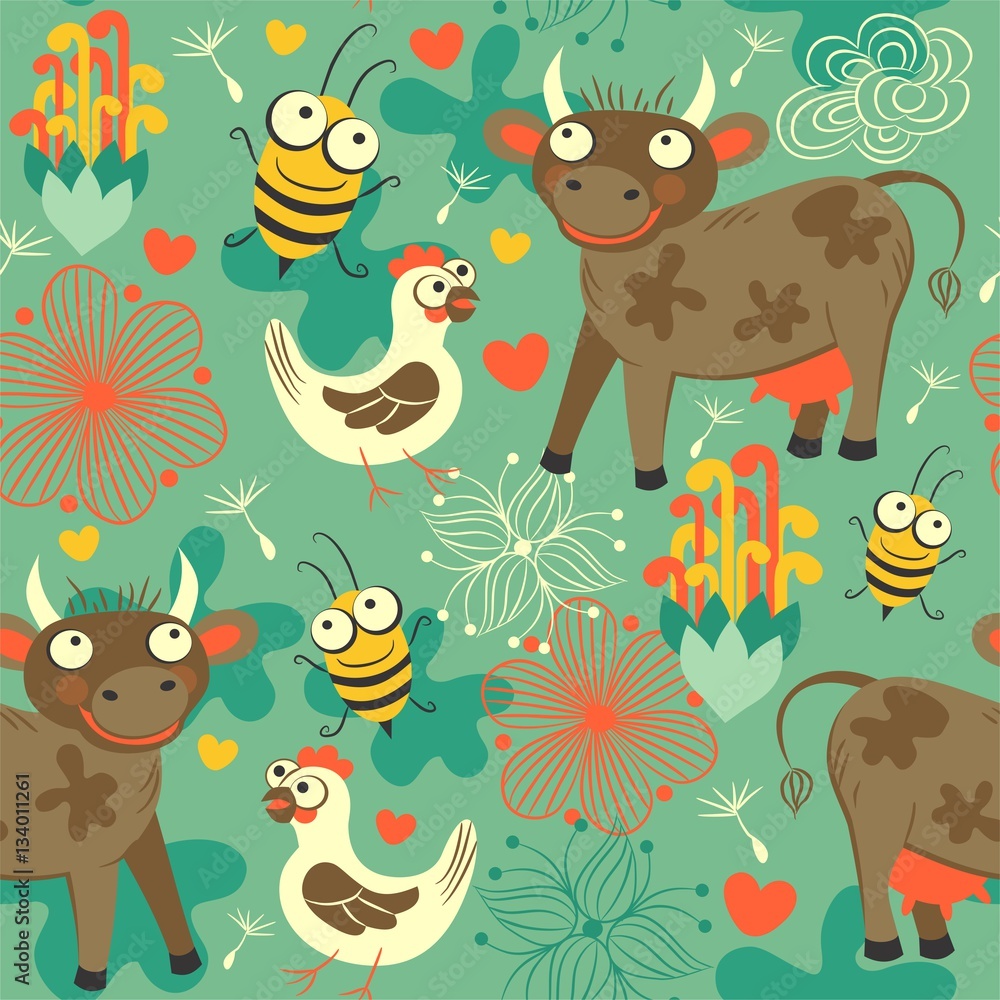 Painting Seamless background for children with cows, chicken, bee Stock ...