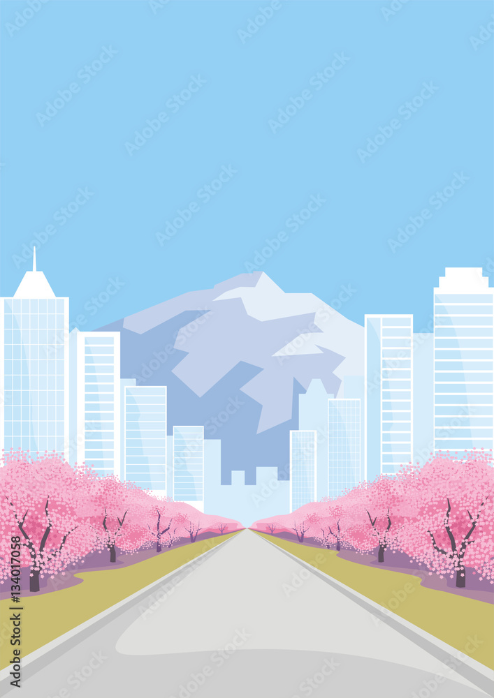 Beautiful spring city landscape with the blossoming Oriental cherry and ...