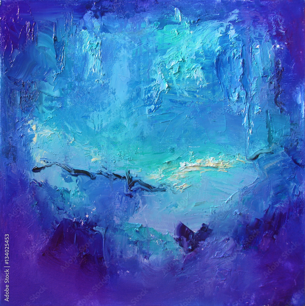 Abstract art in blue, turquoise and lilac, oil painting on canvas Stock ...