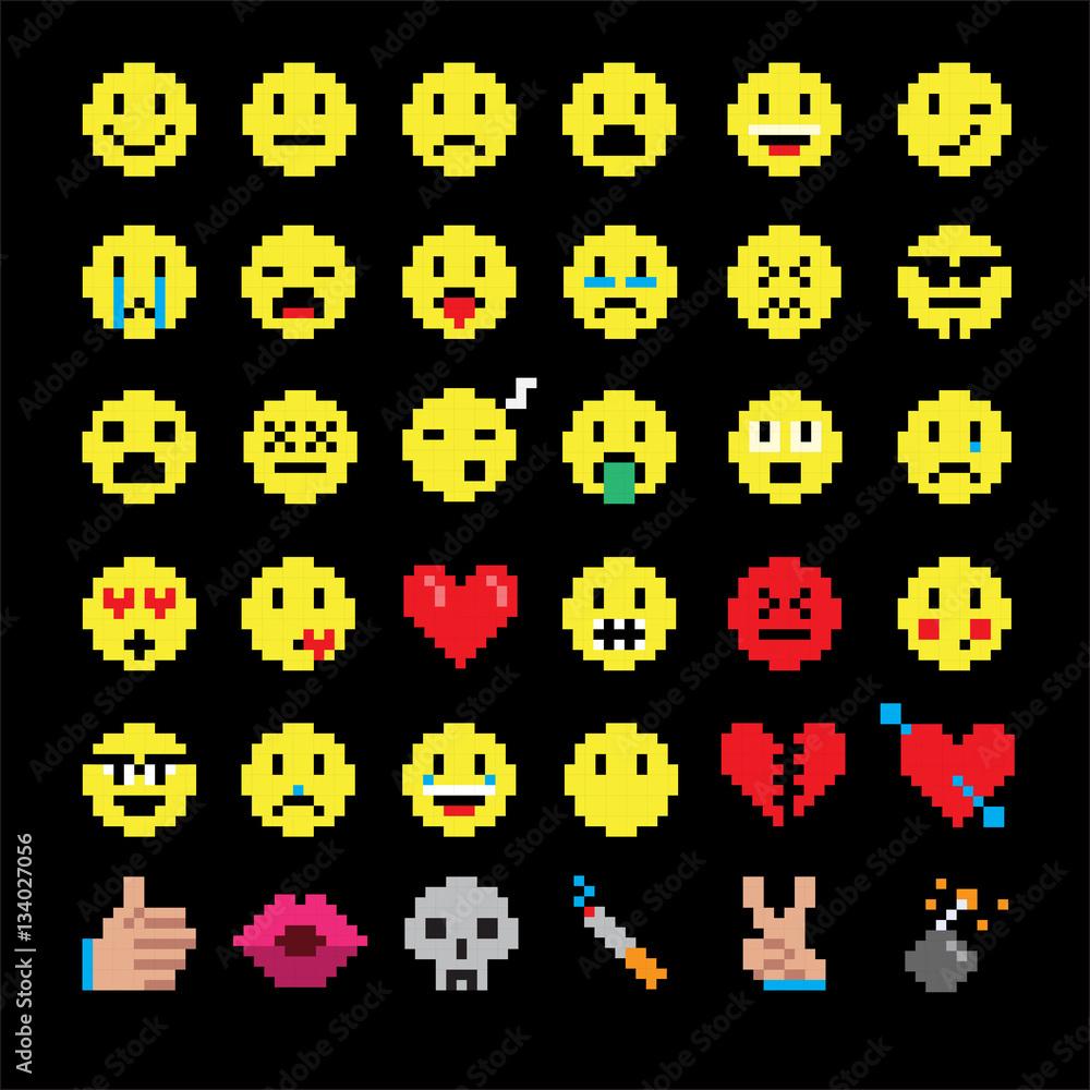 vector pixel art of smiley emoticon set to represent various emotions ...