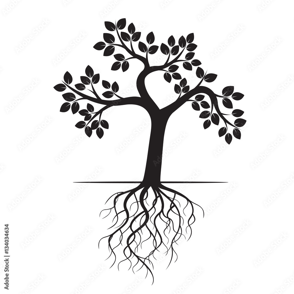 Black Apple Tree and Roots. Vector Illustration. Stock Vector | Adobe Stock