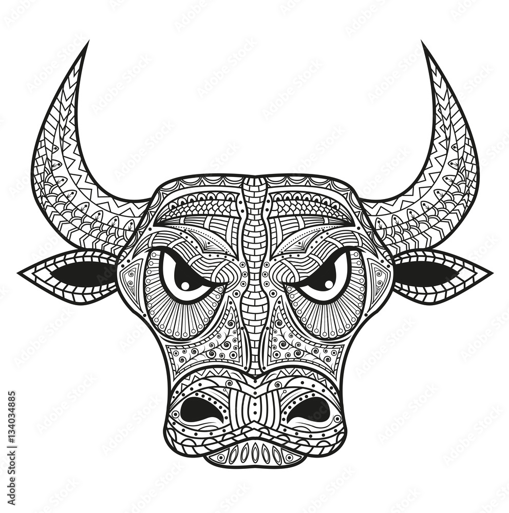 Vector illustration of bull's head mandala for coloring book, testa di ...