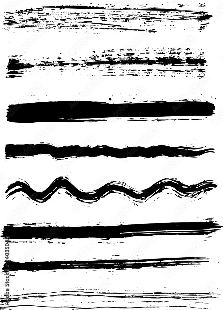Set of horizontal and wavy dry brush strokes in black ink. Vector brush ...
