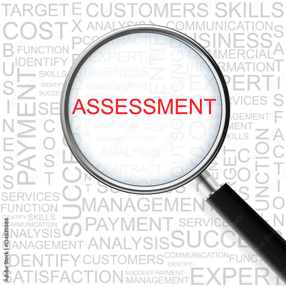 Assessment. Magnifying glass over seamless background with different ...