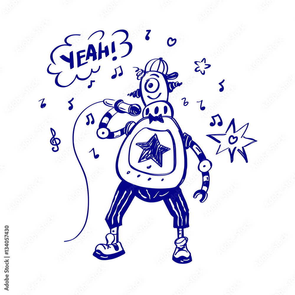 Cute vector character illustration of a robot rapper singer with ...