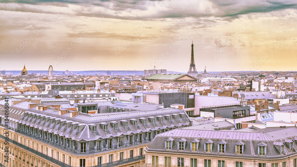 City landscape of Paris in pastel shades. Eiffel tower and old district ...