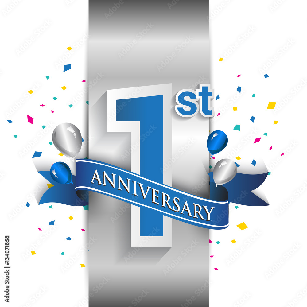 1st anniversary logo with silver label and blue ribbon, balloons ...